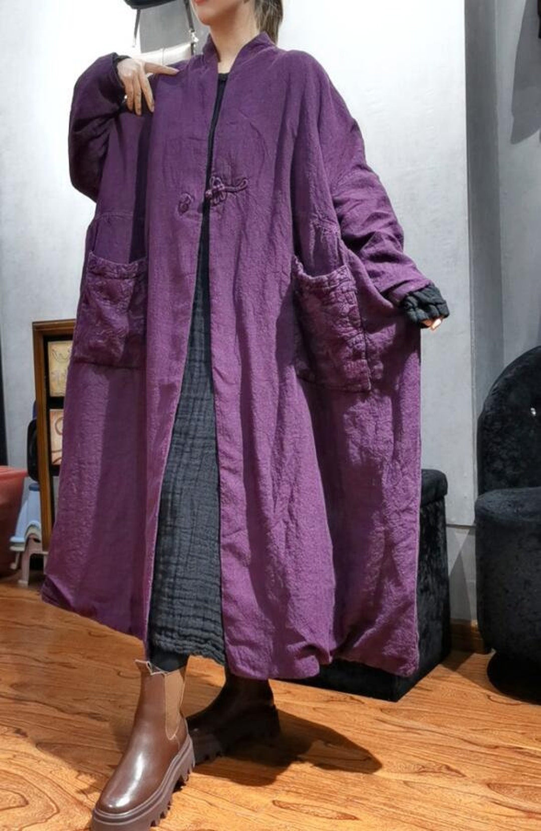 Women Winter Linen Maxi Coat, Vintage Long Coat, Padded Coat, Linen ...