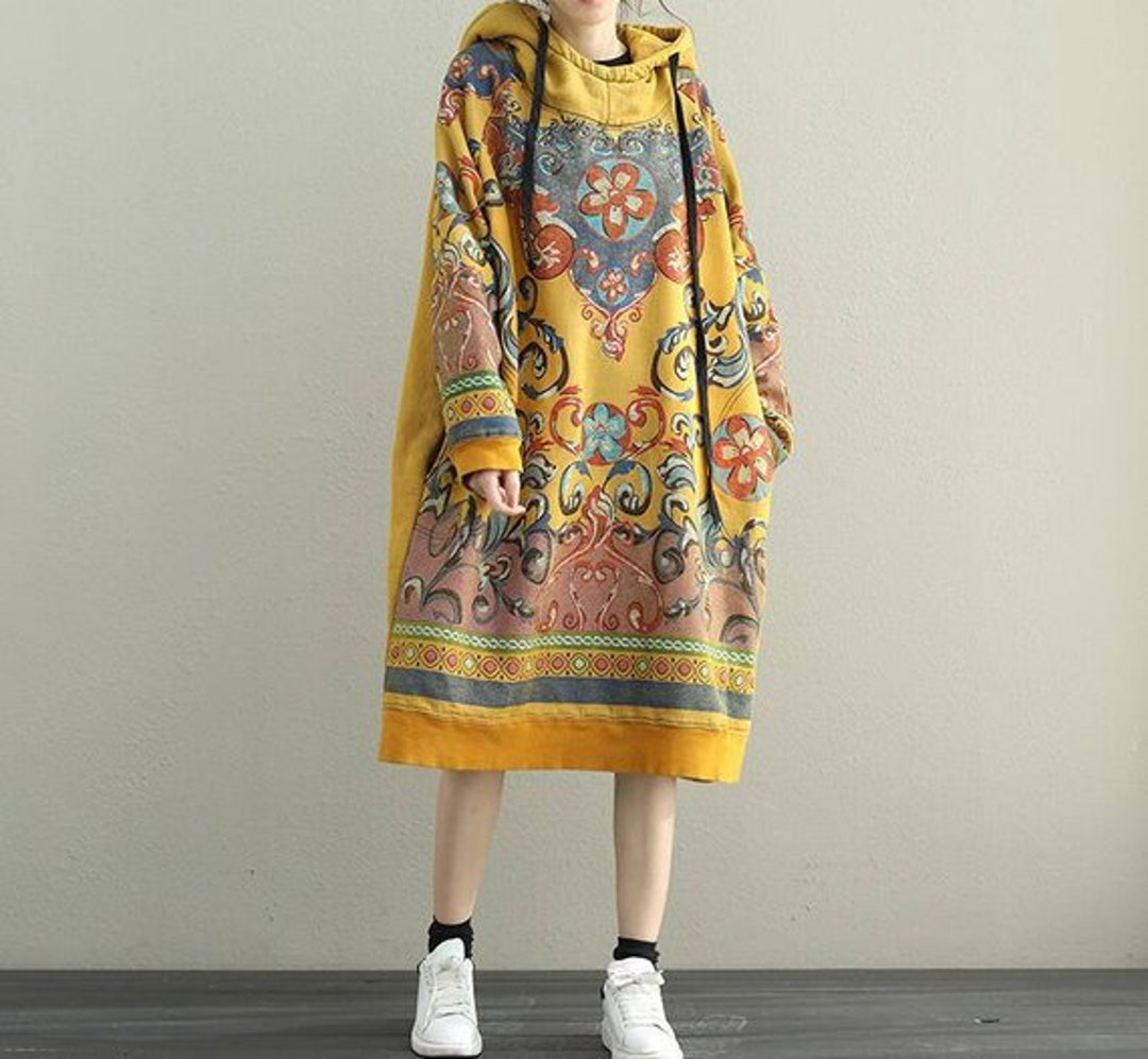 Women Hooded Dresses Cotton Midi Dress Longsleeved Dress - Etsy