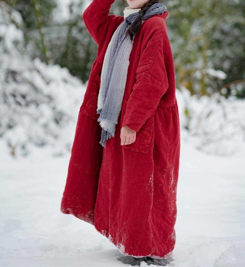 Women Winter Linen Maxi Coat Vintage Long Coat Padded Coat - Etsy