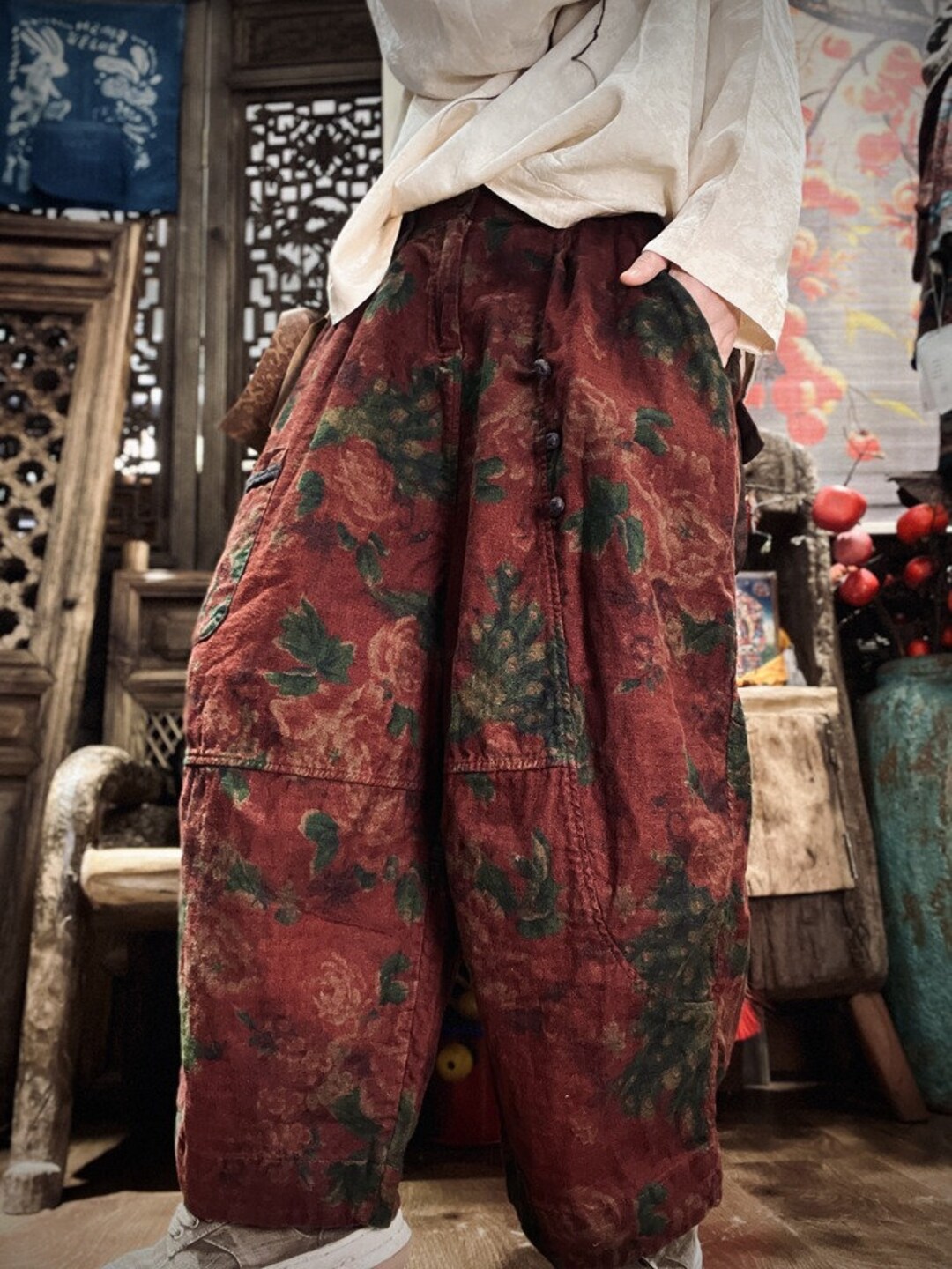 Women Dark Red Pants, Linen Eight Separate Pants, Vintage Linen Pants ...