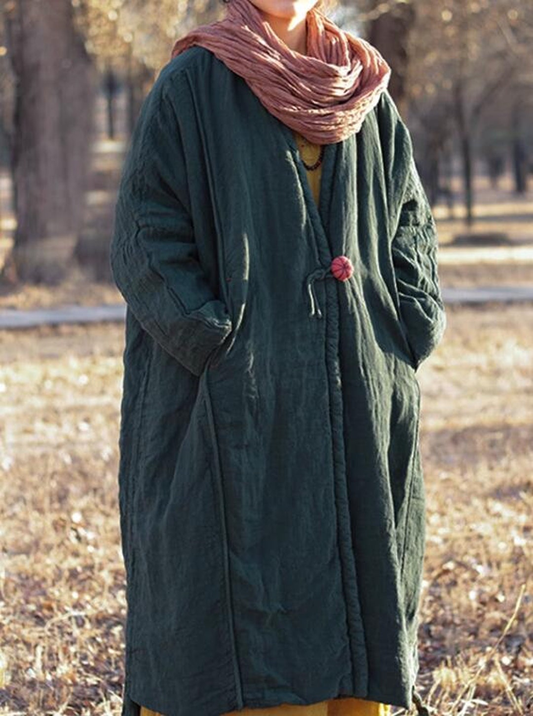 Linen Long Coat, Women’s Padded Winter Jacket, Dark Green Oversized ...