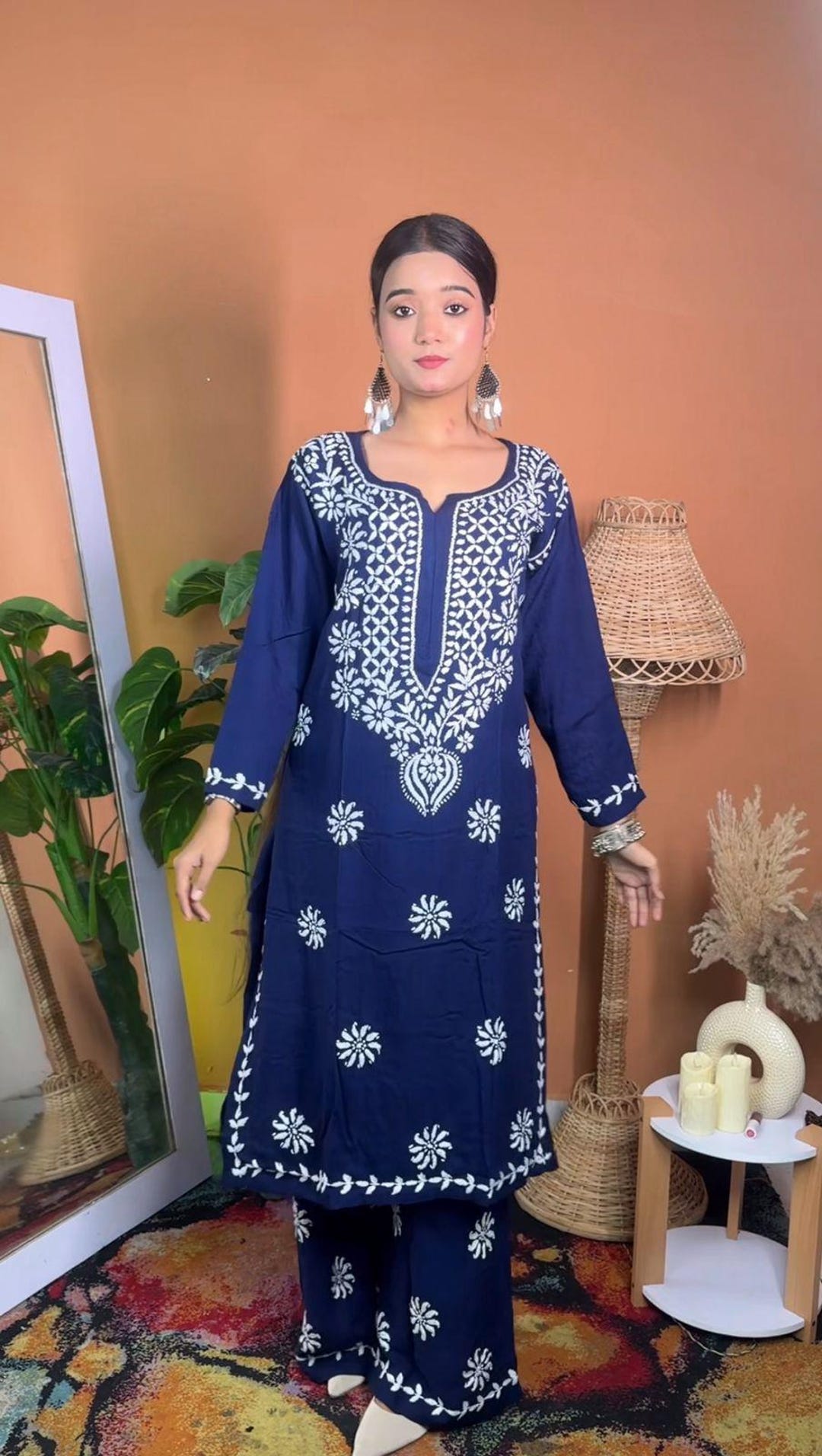 Indian Rayon Kurti Palazzo Set | Ghaspatti Embroidery Work From India ...