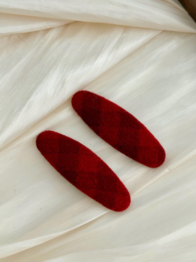 Set of 2 Deep Red Tartan Wool-touch Snap Clips, Large 7.5cm Hair ...