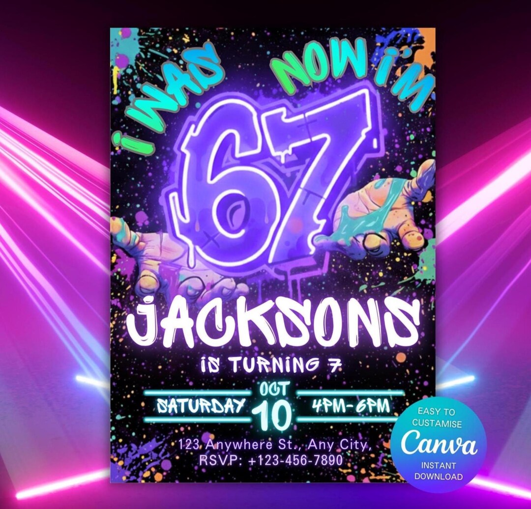 Six Seven Graffiti Kids Birthday Party Invitation Template, 7th Party ...