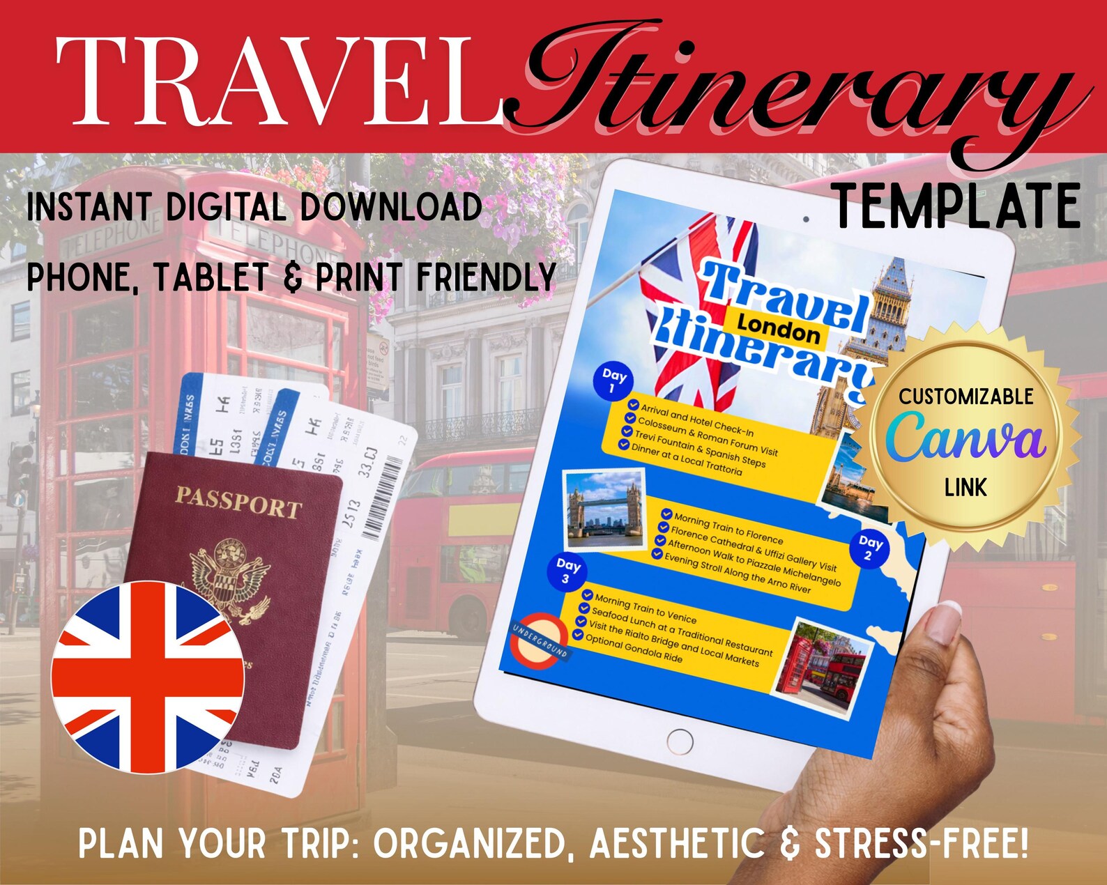 London UK Travel Itinerary Template | Editable Canva Travel Planner ...
