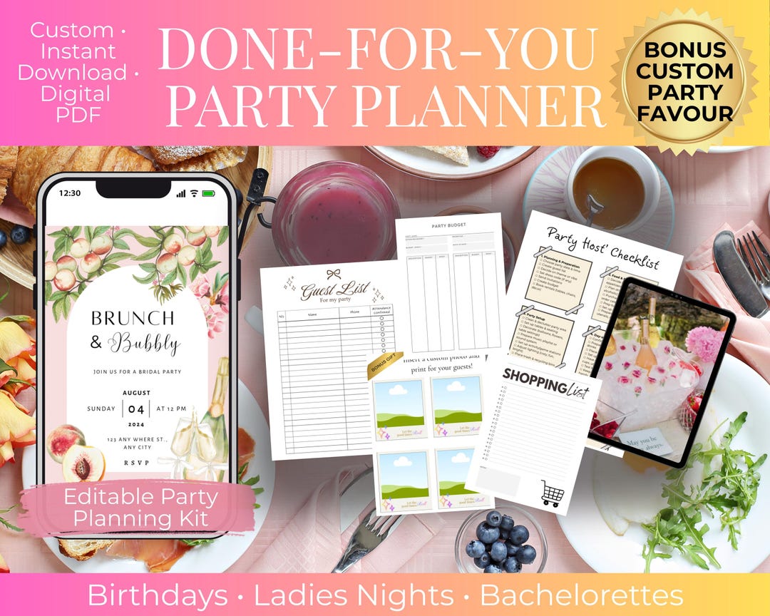 Brunch & Bubbly Party Planner | Editable PDF Invitation Kit - Etsy