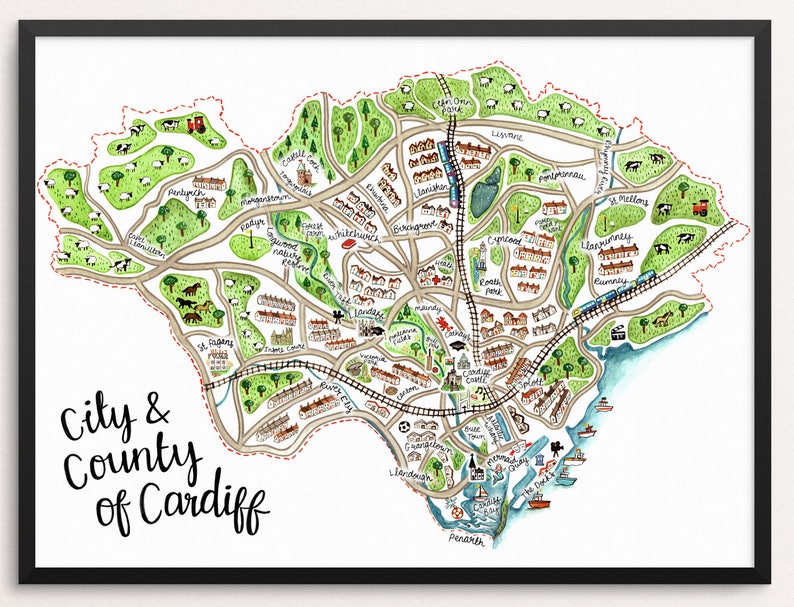 Cardiff Hand painted illustrated map print. City and County of | Etsy