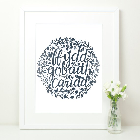 WELSH Print Ffydd Gobaith Cariad. Deep Blue with Hand | Etsy
