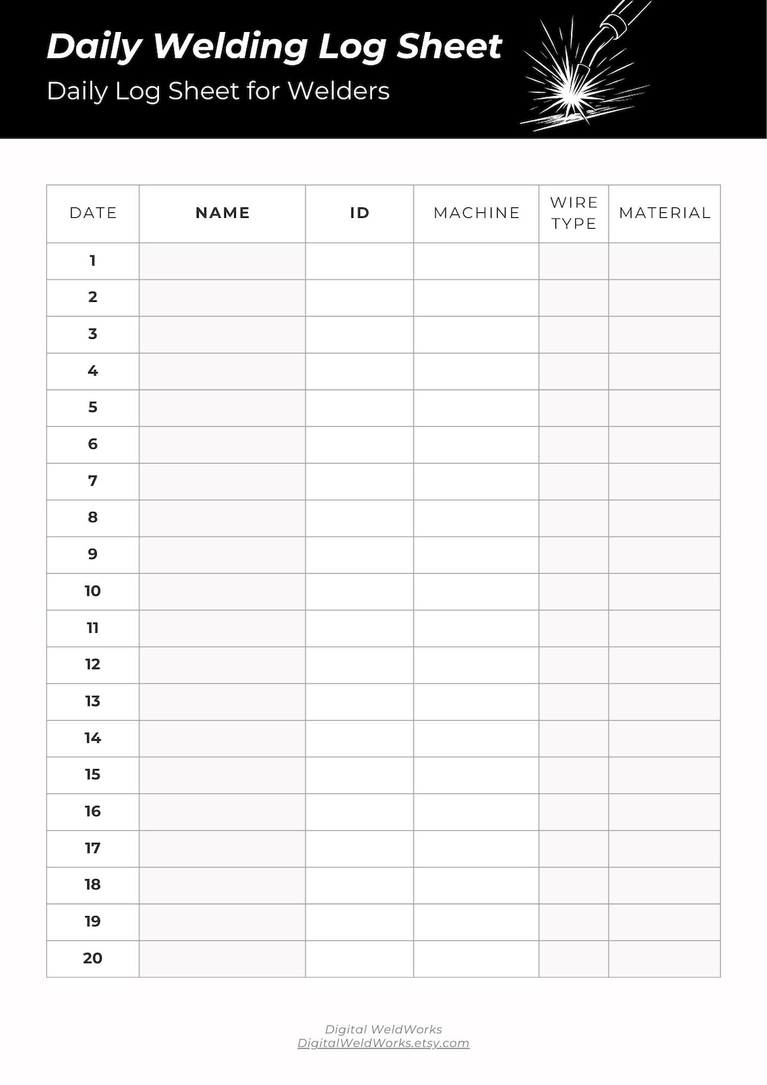 Daily Welding Log Sheet for Welders - Etsy