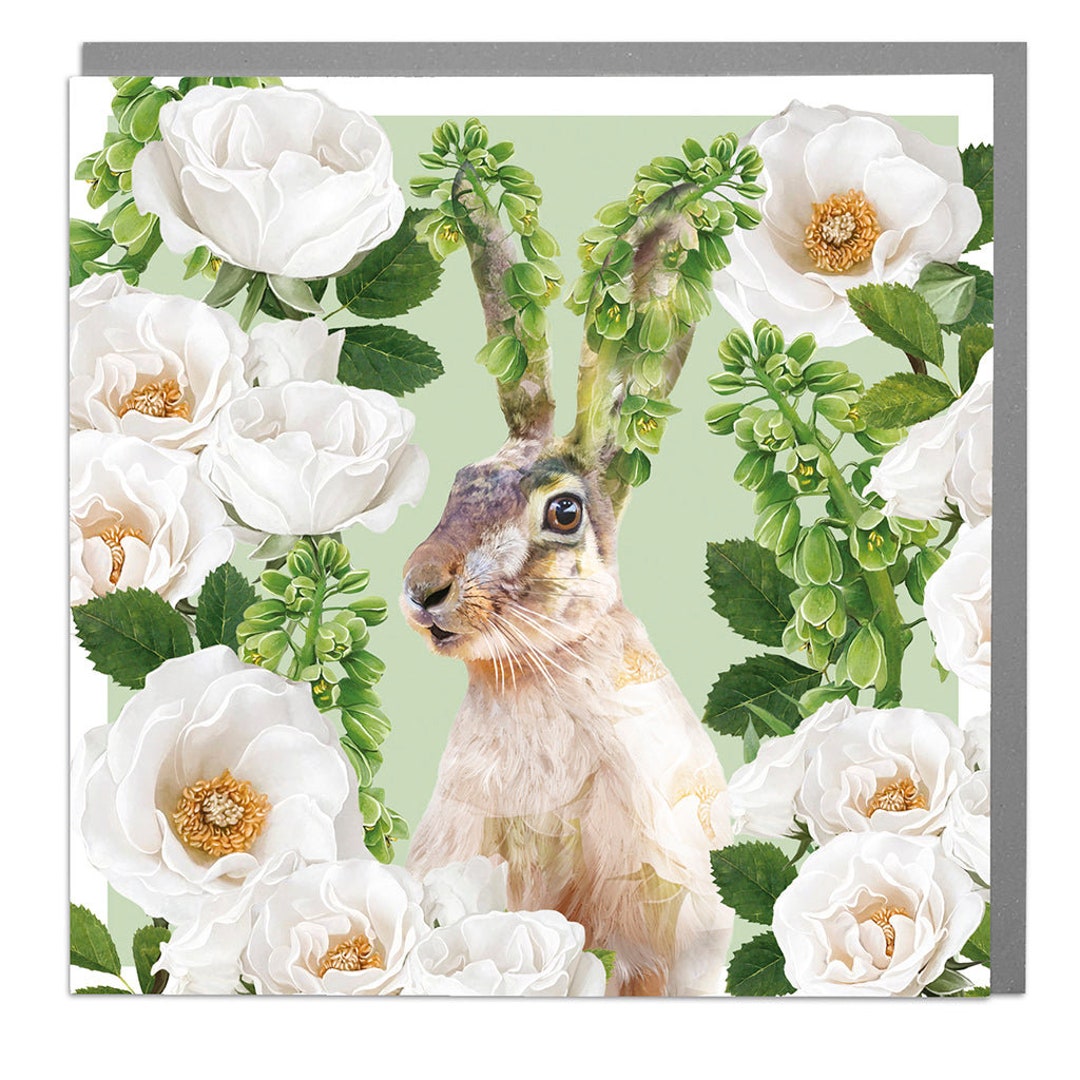 Hare With White Garden Roses Card by Lola Design - Etsy
