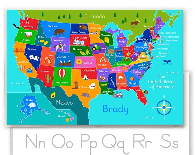 Personalized Kids Placemats USA States and Capitals Map of United ...