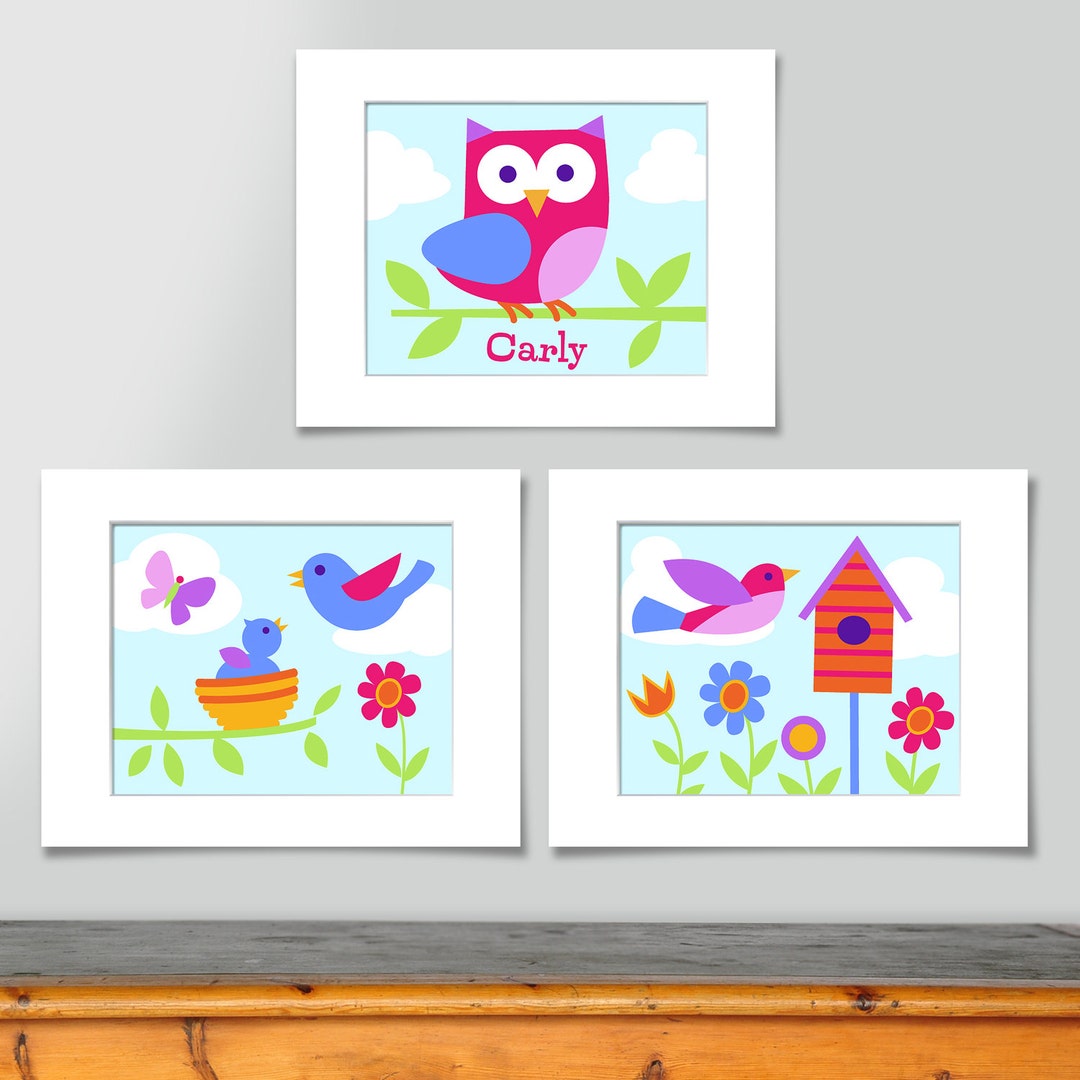 Kid's Personalized Birdie Unframed Art Prints, Girl's Owl Wall Art ...