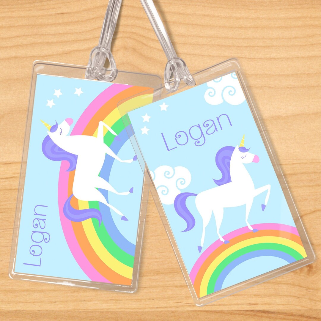 Personalized Unicorn Rainbow Name Tag Set: Kids Luggage, Backpack Tags ...