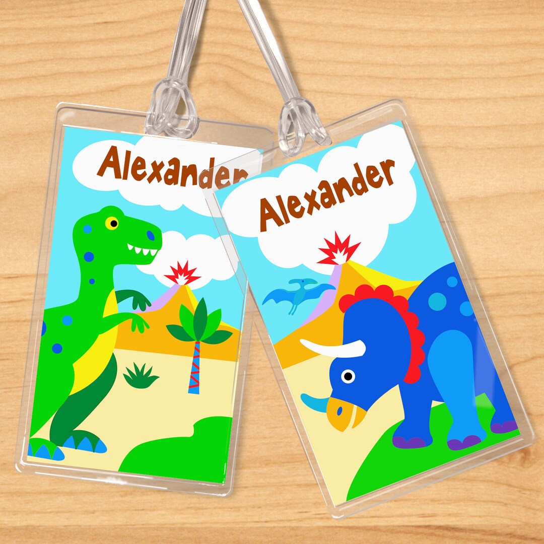 Kid's Personalized Dinosaur Land Name Tag Set, Dinosaur Luggage Tags, T ...