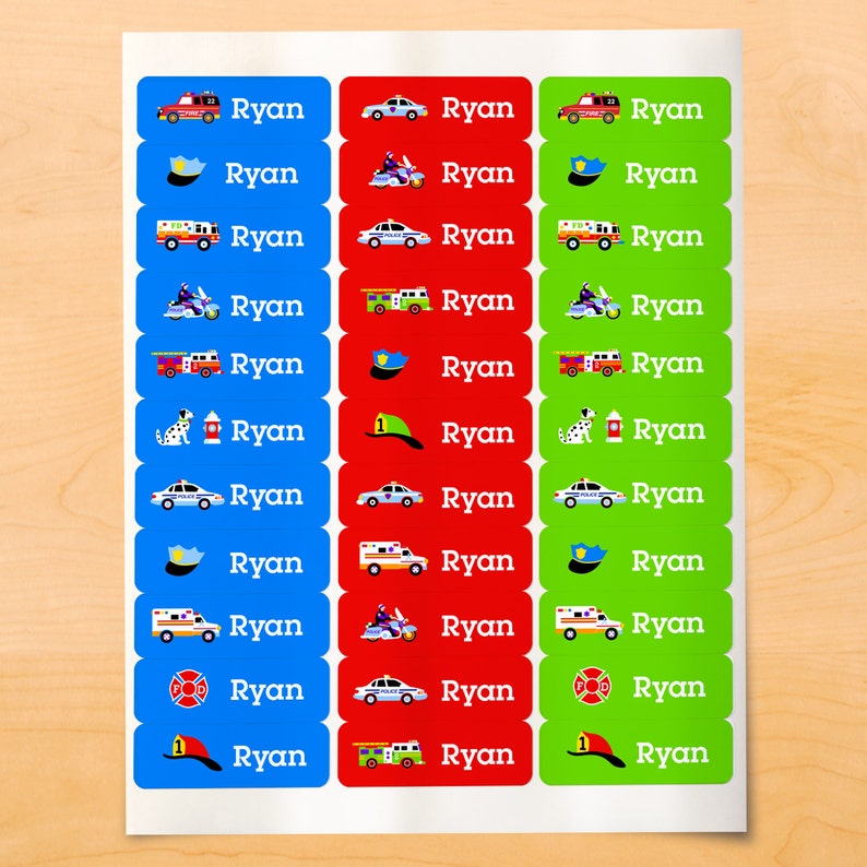 Emergency Vehicle Name Labels, Heroes Waterproof Name Labels, Kids ...