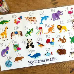 Animal Alphabet Personalized Placemat for Kids, ABC Table Mat, Name ...