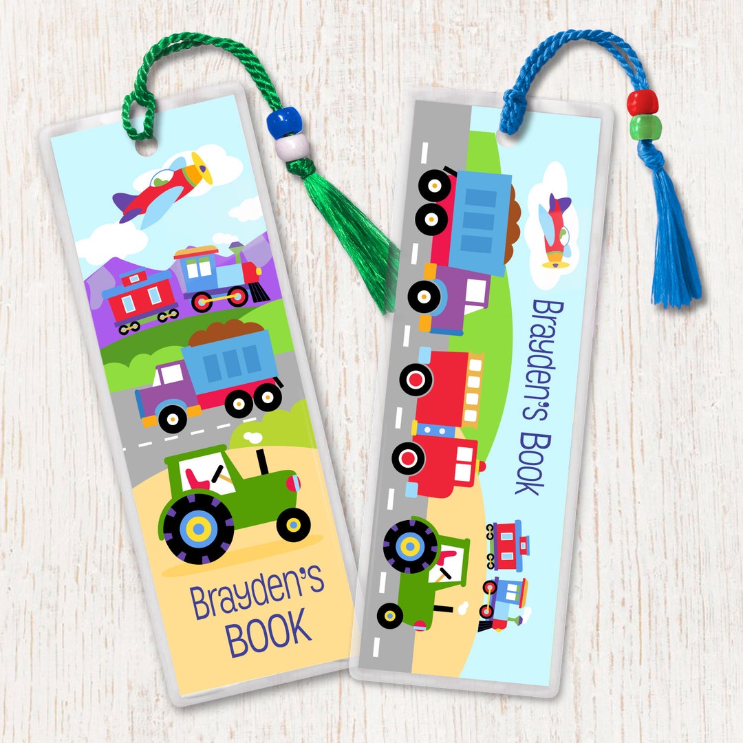 Kid's Personalized Trains Planes and Trucks Bookmarks, Boy's Laminated ...