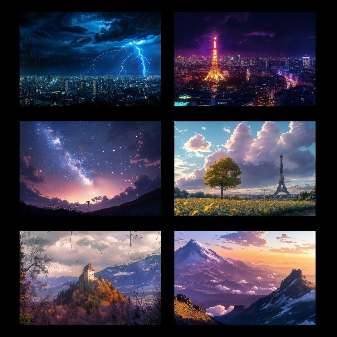 Anime Japanese Mountain & Cityscapes Digital Pack. Stars, Storms ...