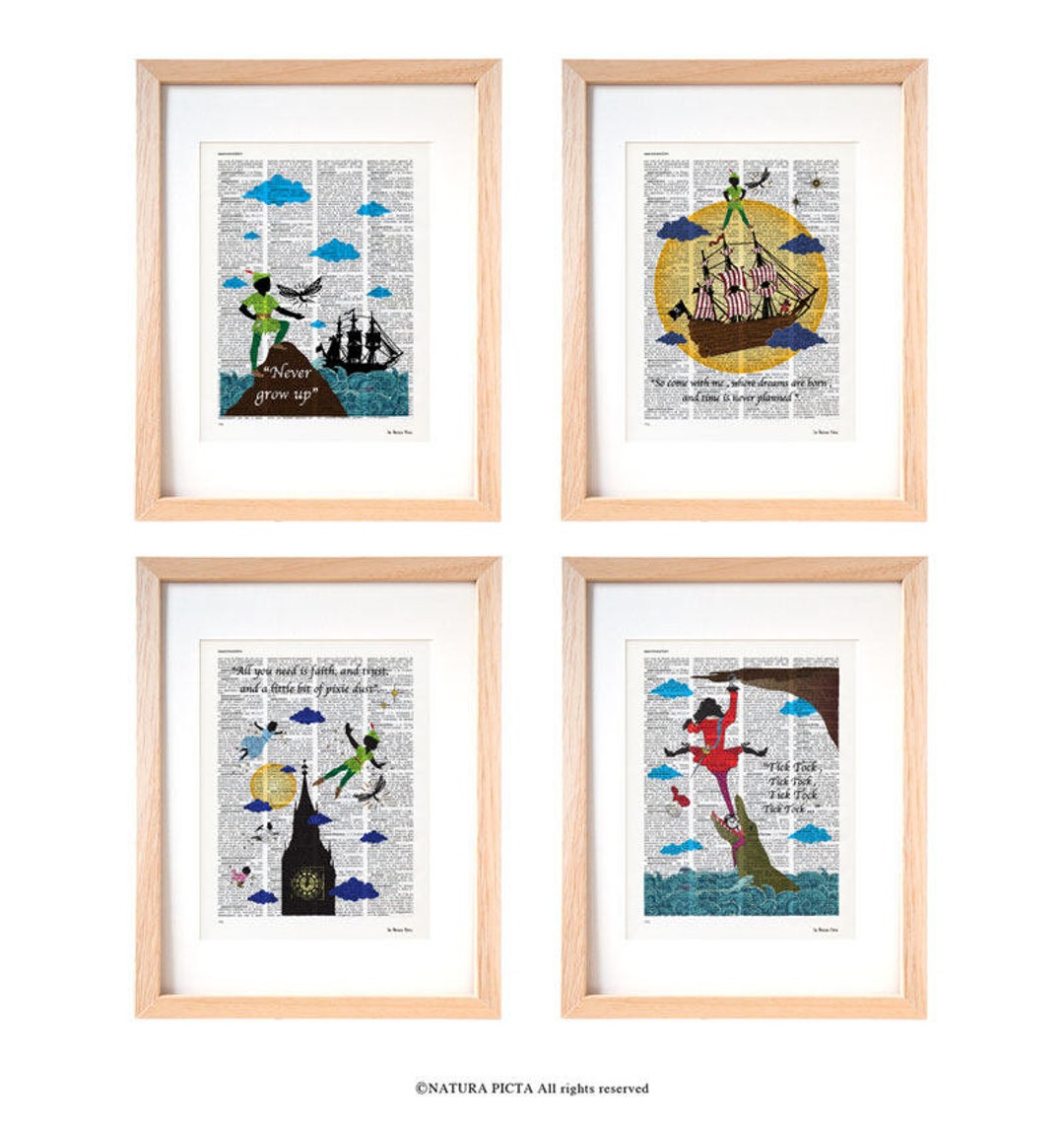 Peter Pan Set of 4 Art Print-peter Pan Print-peter Pan Dictionary Print ...