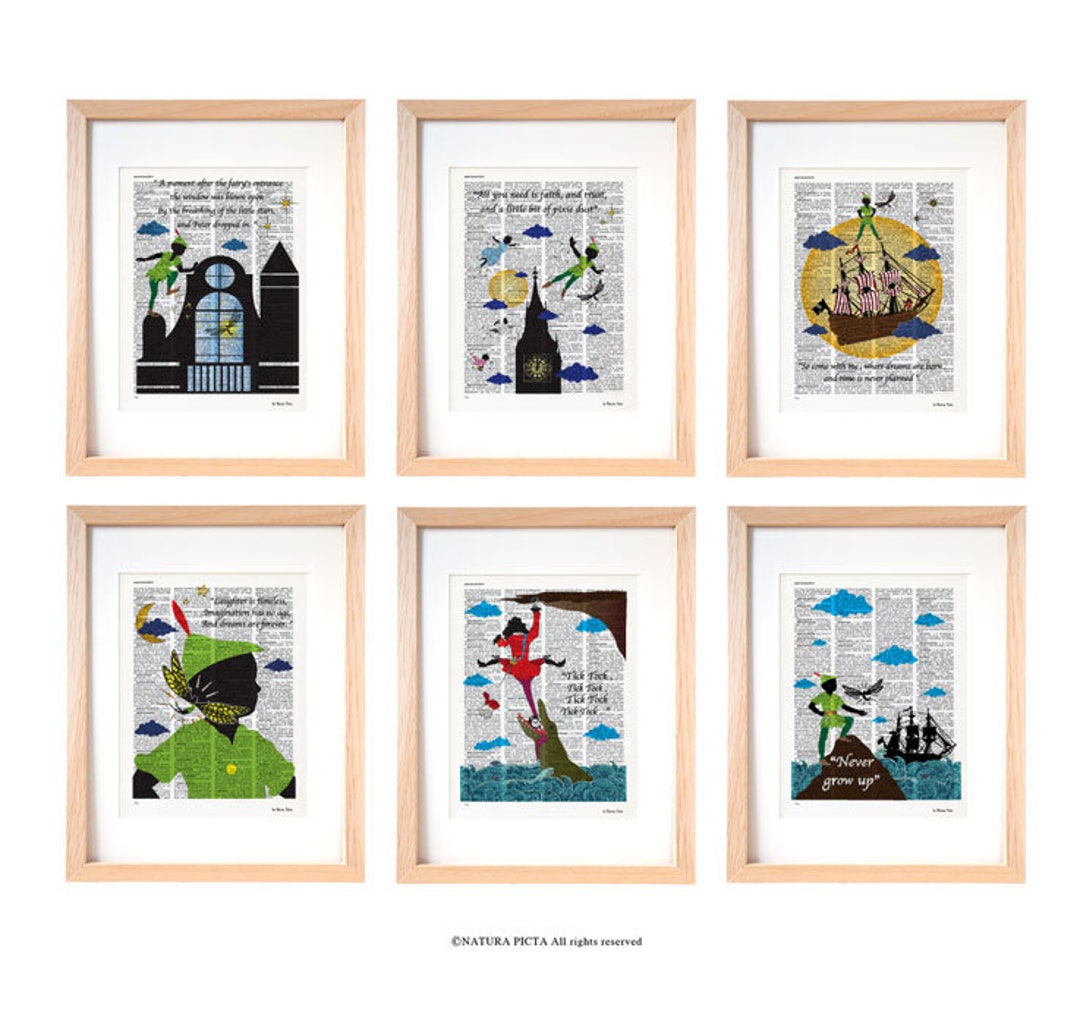 Peter Pan Set of 6 Art Prints, Peter Pan Dictionary Print, Children ...