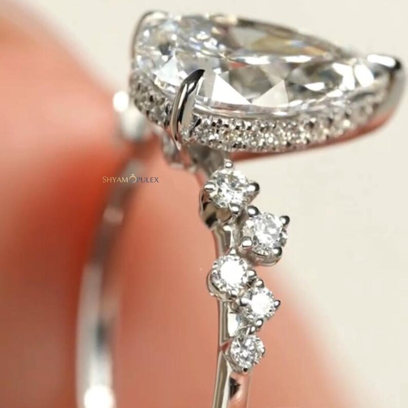 2.5CT Pear Cut Moissanite Ring, Hidden Halo, Round Side Stones, Floral ...