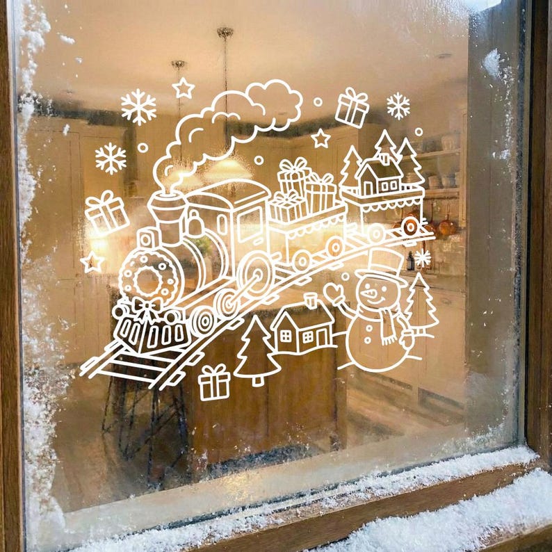 Christmas Train Window Art | Snowman Village Gifts Template (digital ...