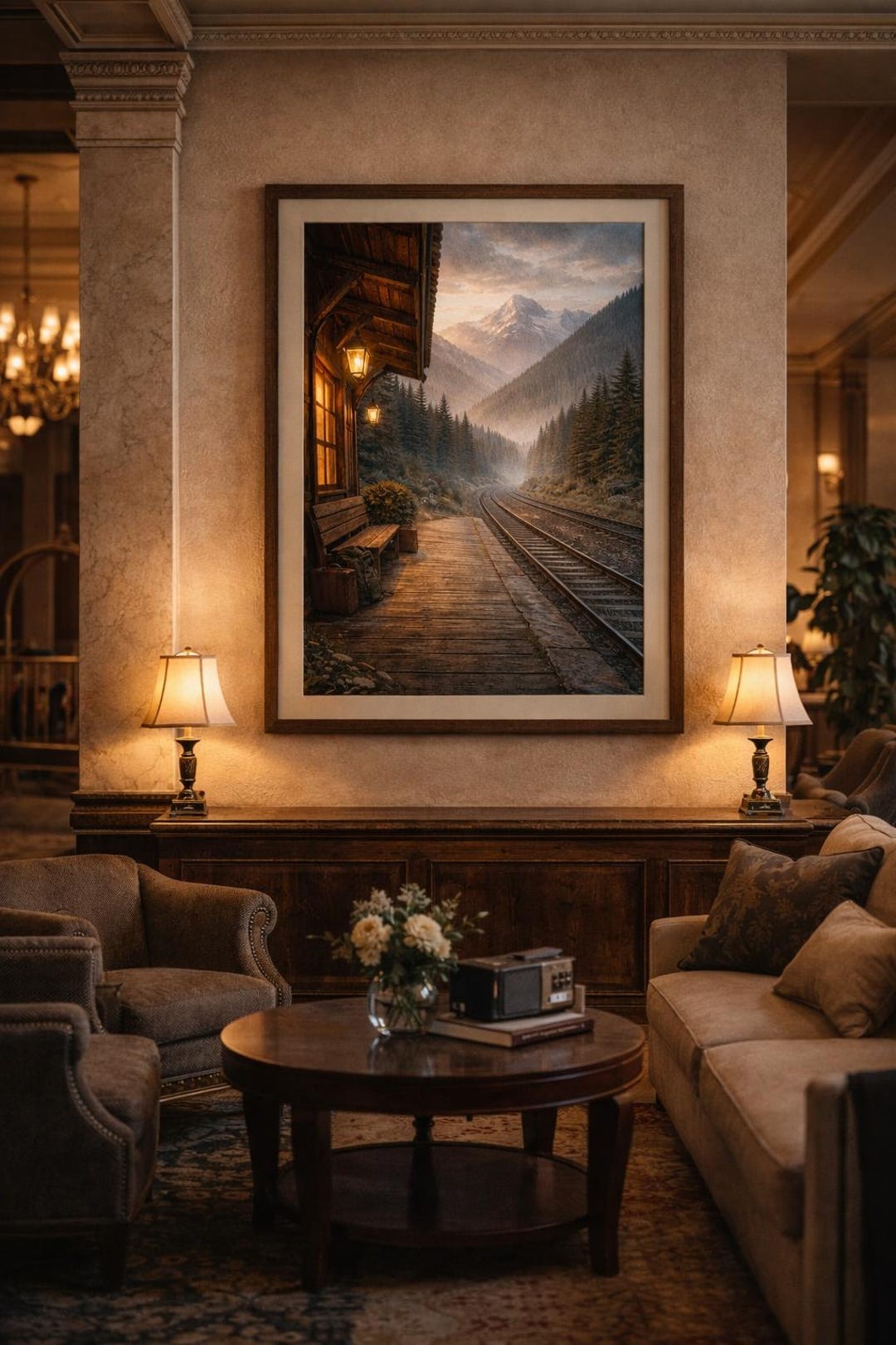 Retro Alpine Train Station Print, Vintage Mountain Railway Art, Retro ...