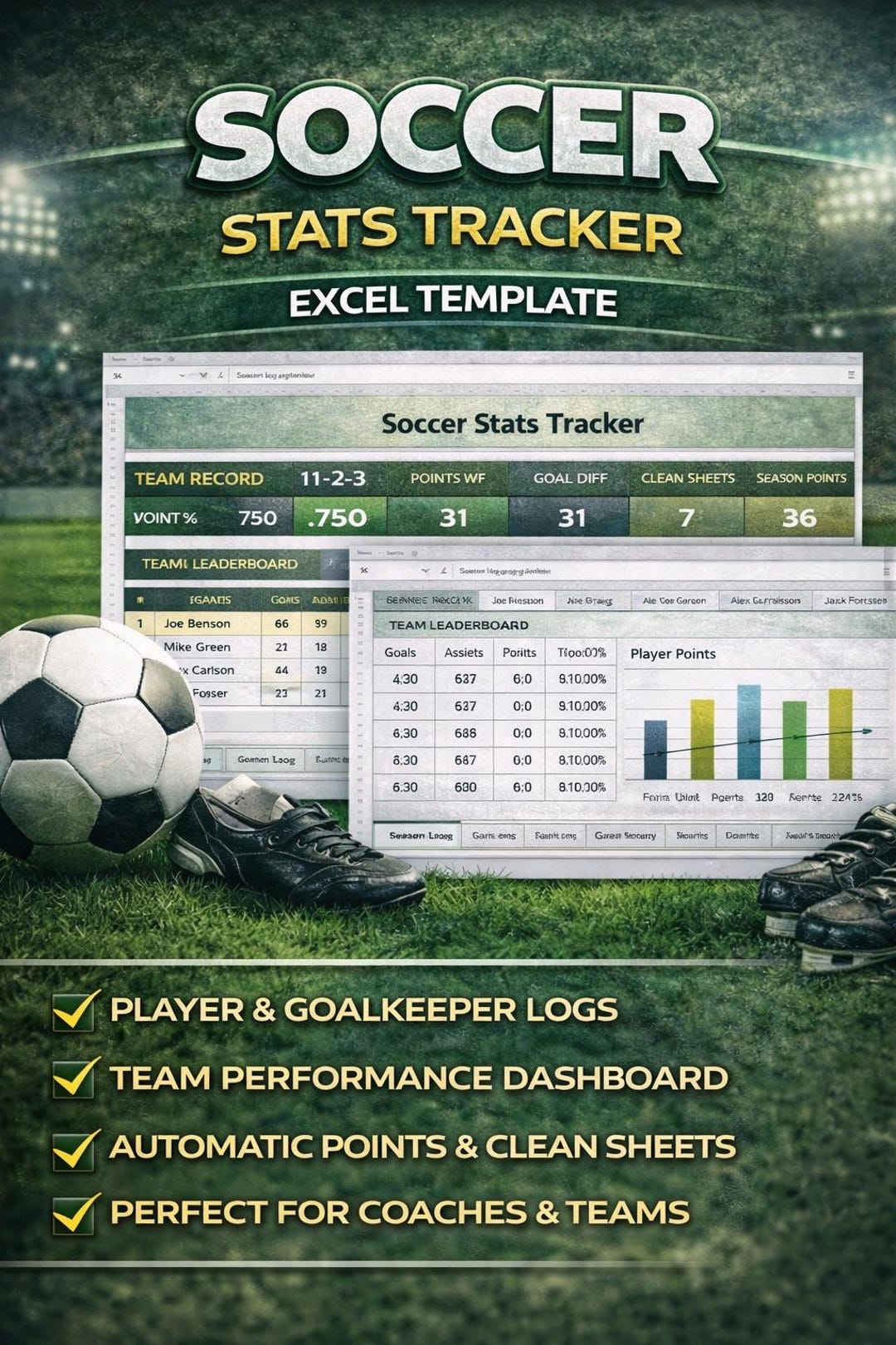 Soccer Stats Tracker Excel Template | Youth Soccer Team Tracker | Coach ...