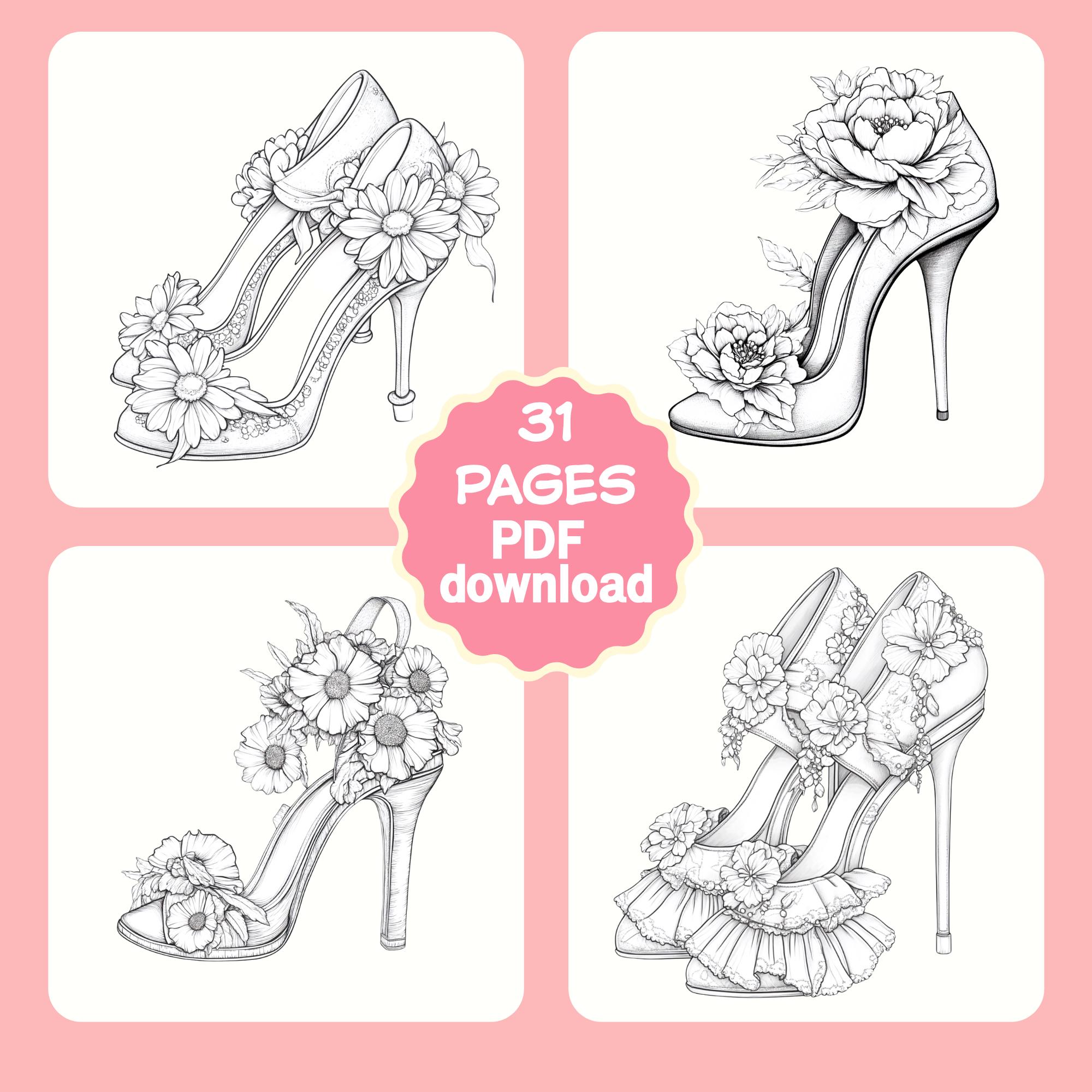 Fashion Heels Coloring Book | Floral Shoe Designs | 31-page PDF | 8.5 ...