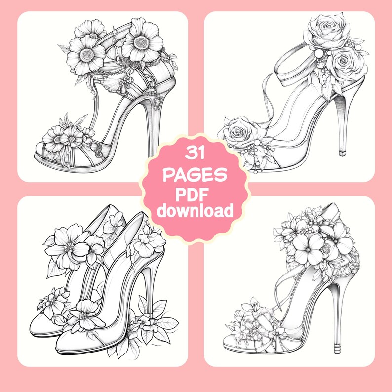 Fashion Heels Coloring Book | Floral Shoe Designs | 31-page PDF | 8.5 ...