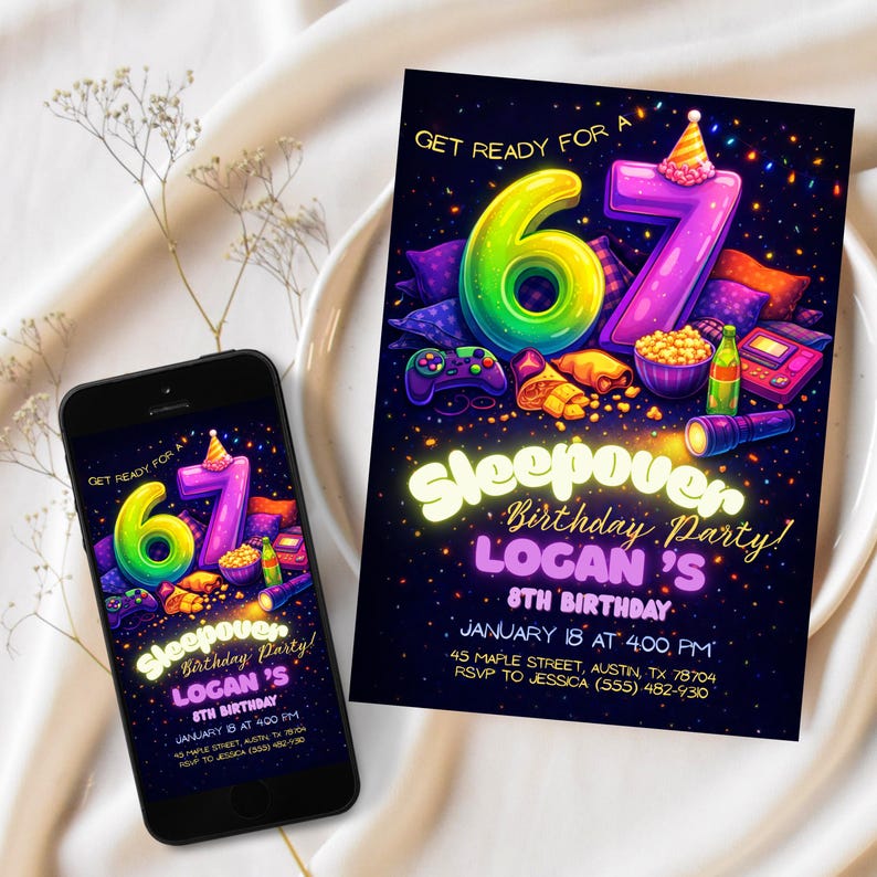 6 7 Boys Sleepover Birthday Invitation, Neon Gaming Party Invite, 6th ...