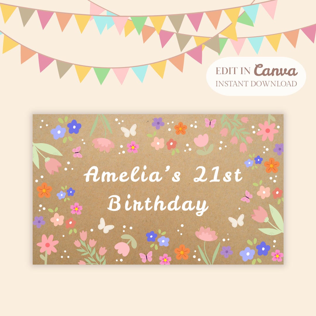 21st Birthday Banner Template, Editable Canva, Boho Floral Backdrop ...