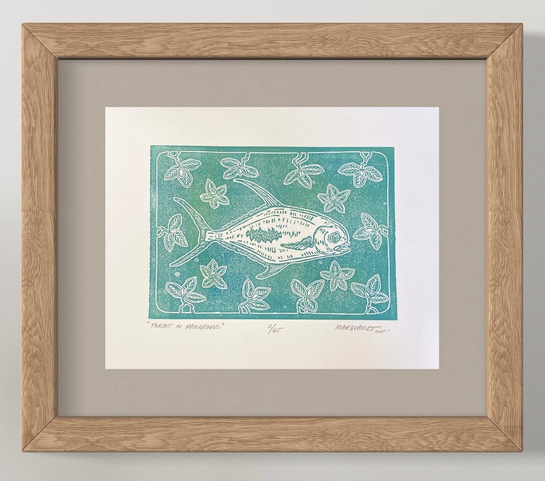 Permit in Mangroves Linocut Artwork by Jonathan Marquardt - Etsy