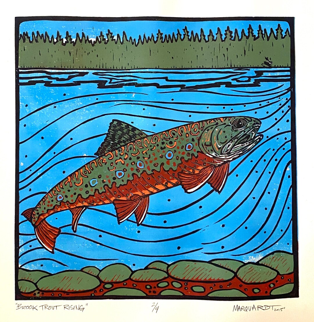Brook Trout Rising Fly Fishing Artwork of Jonathan Marquardt Linocut ...