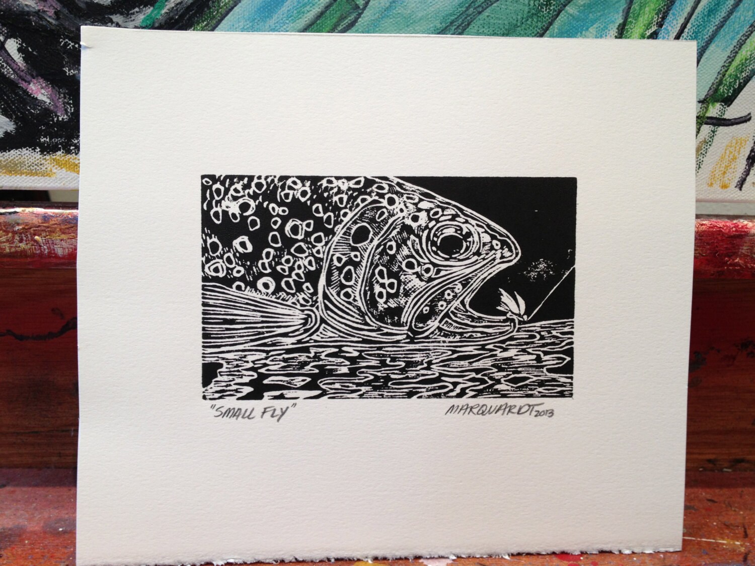 Small Fly Original Linocut Fly Fishing Trout Artwork by Jonathan ...