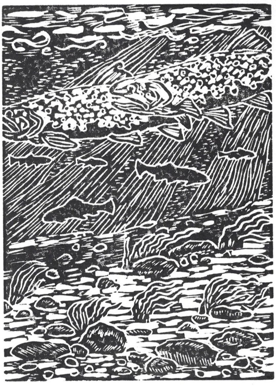 River Bottom Flyfishing trout original linocut artwork by Jonathan ...