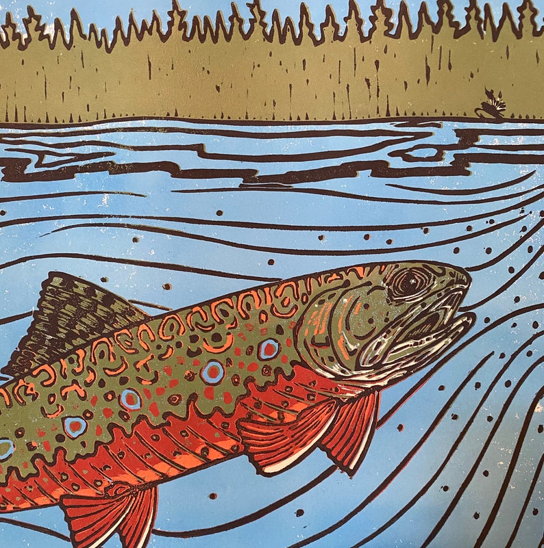 Brook Trout Rising Fly Fishing Artwork of Jonathan Marquardt Linocut ...