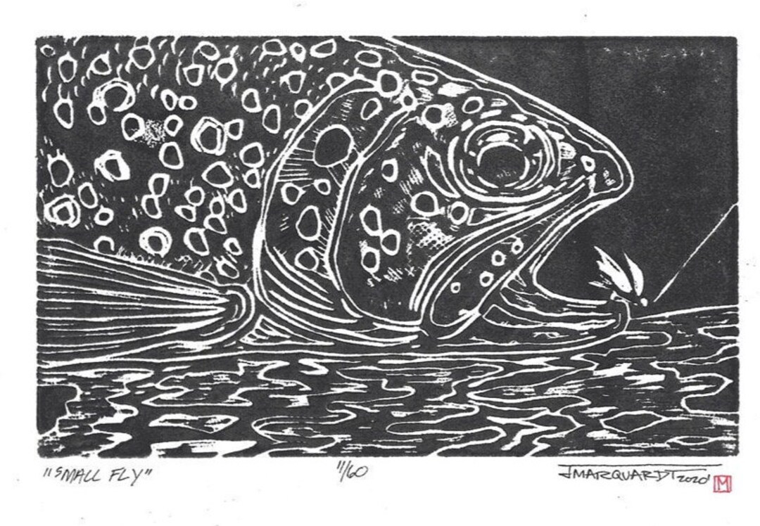 Small Fly - Original Linocut Fly Fishing Trout Artwork by Jonathan ...