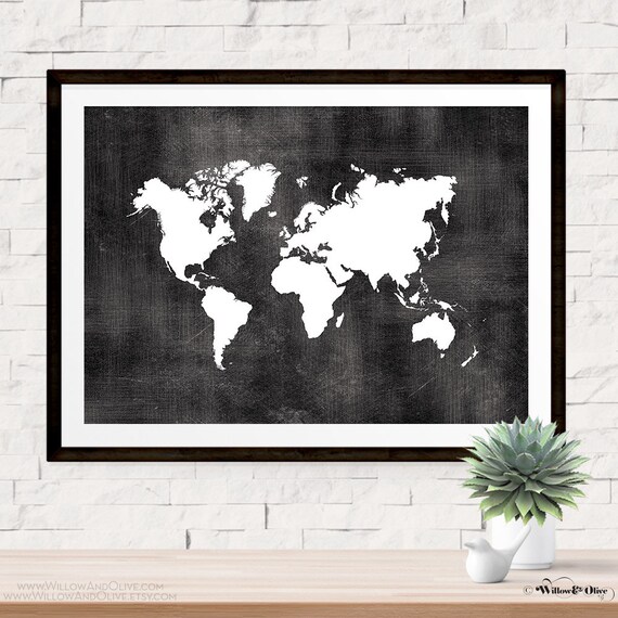 World Map Print Poster Chalkboard Style Background World Map - Etsy