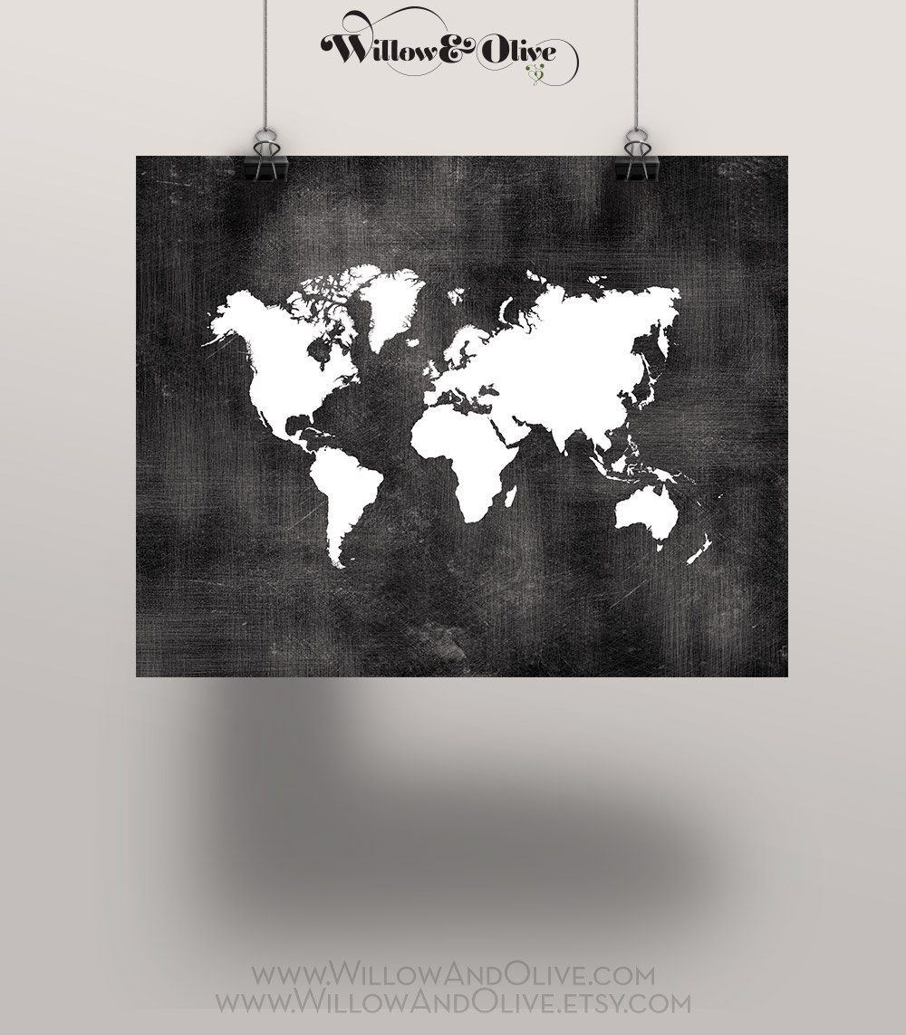 World Map Print Poster Chalkboard Style Background World Map - Etsy