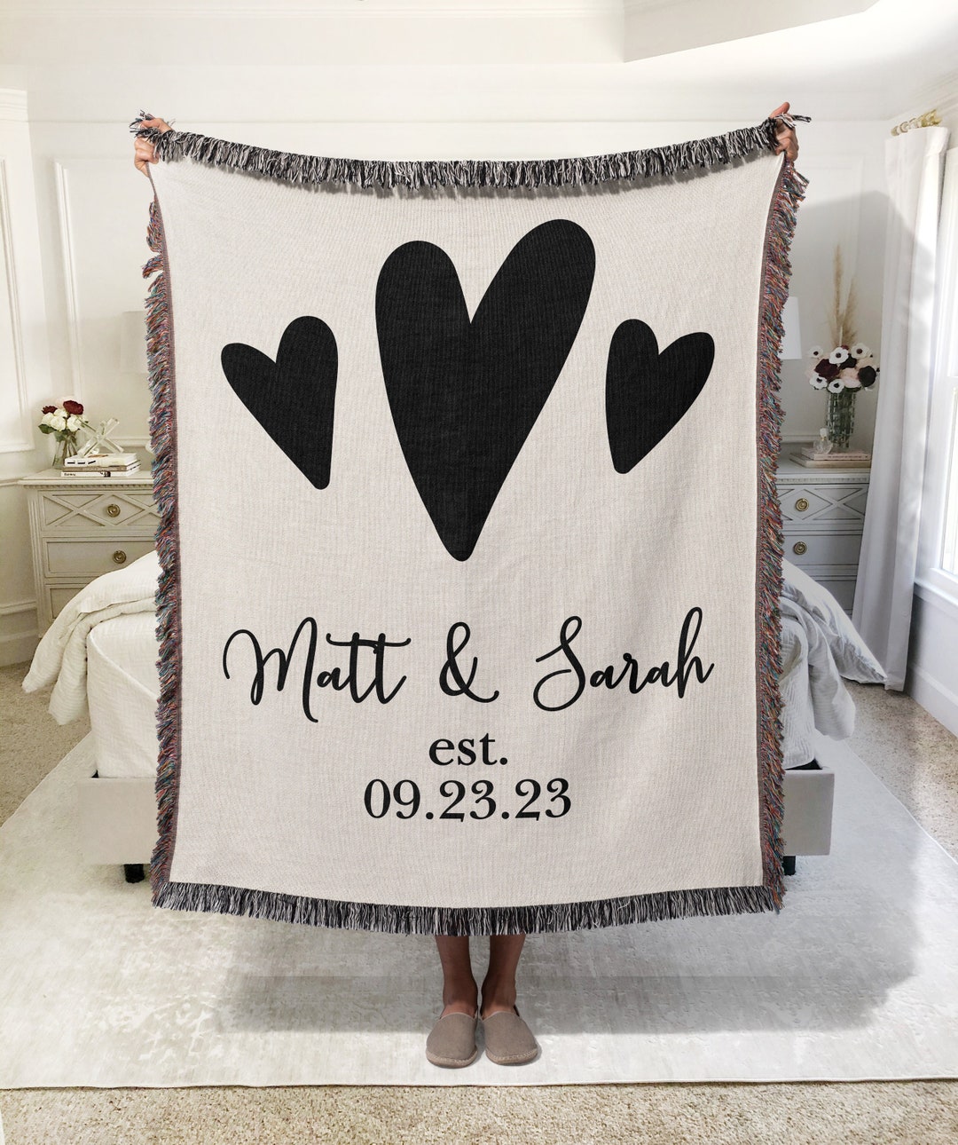Custom Cotton Blanket for Couples Names Date Woven Throw Blanket Second ...