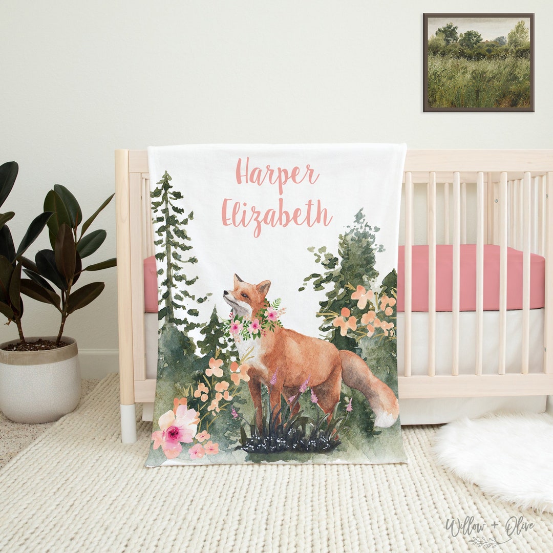 Personalized Baby Girl Fox Blanket, Baby Girl Name Blanket, Floral ...
