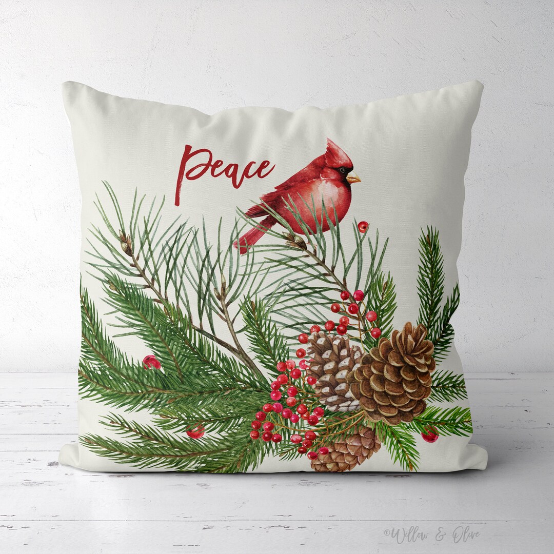 Christmas Pillow, Holiday Pillow, Peace Pillow, Red Cardinal Bird ...