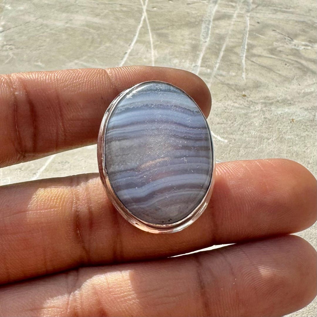 Beautiful Blue Lace Agate Ring, Big Oval Stone Ring, Handmade 925 ...