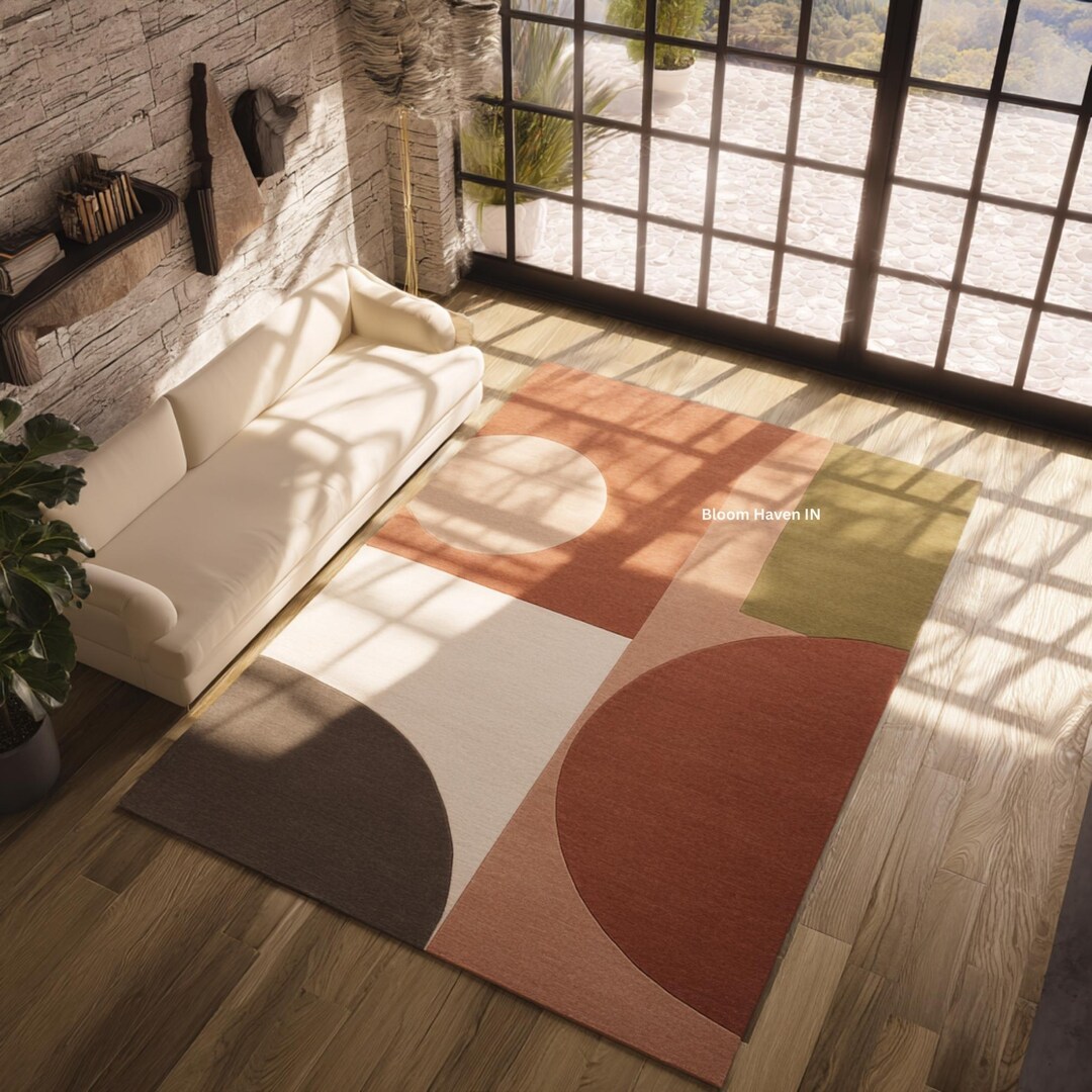 Modern Earth Tone Geometric Area Rug | Circle Pattern Block Living Room ...