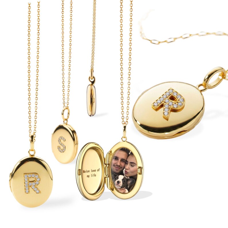 Zircon Initial Locket Necklace, Engraved Photo Memorial Necklace - Etsy