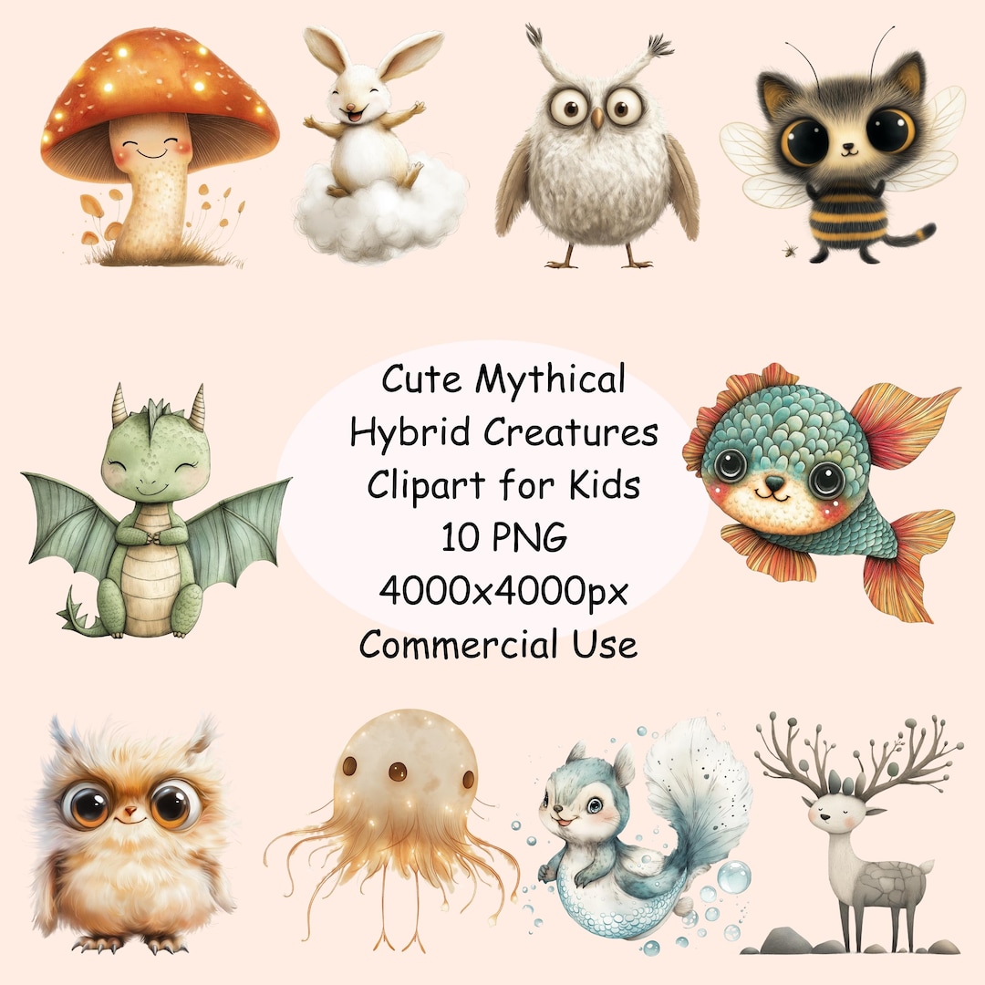 Cute Mythical Creatures Clipart PNG for Kids, Fantasy Hybrid Animal ...