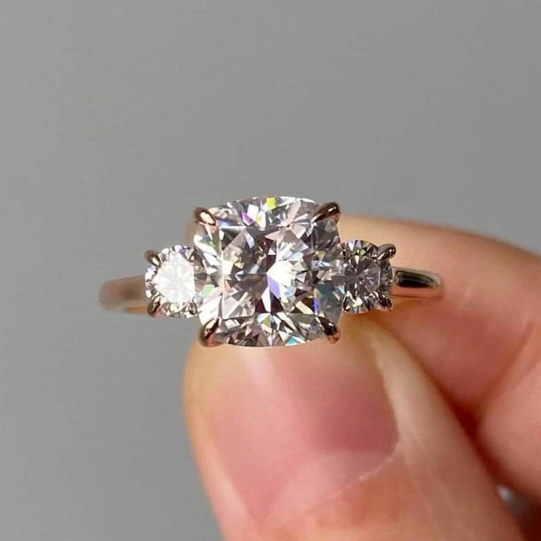 Cushion Cut Moissanite Engagement Ring Three Stone Wedding Ring Trilogy ...