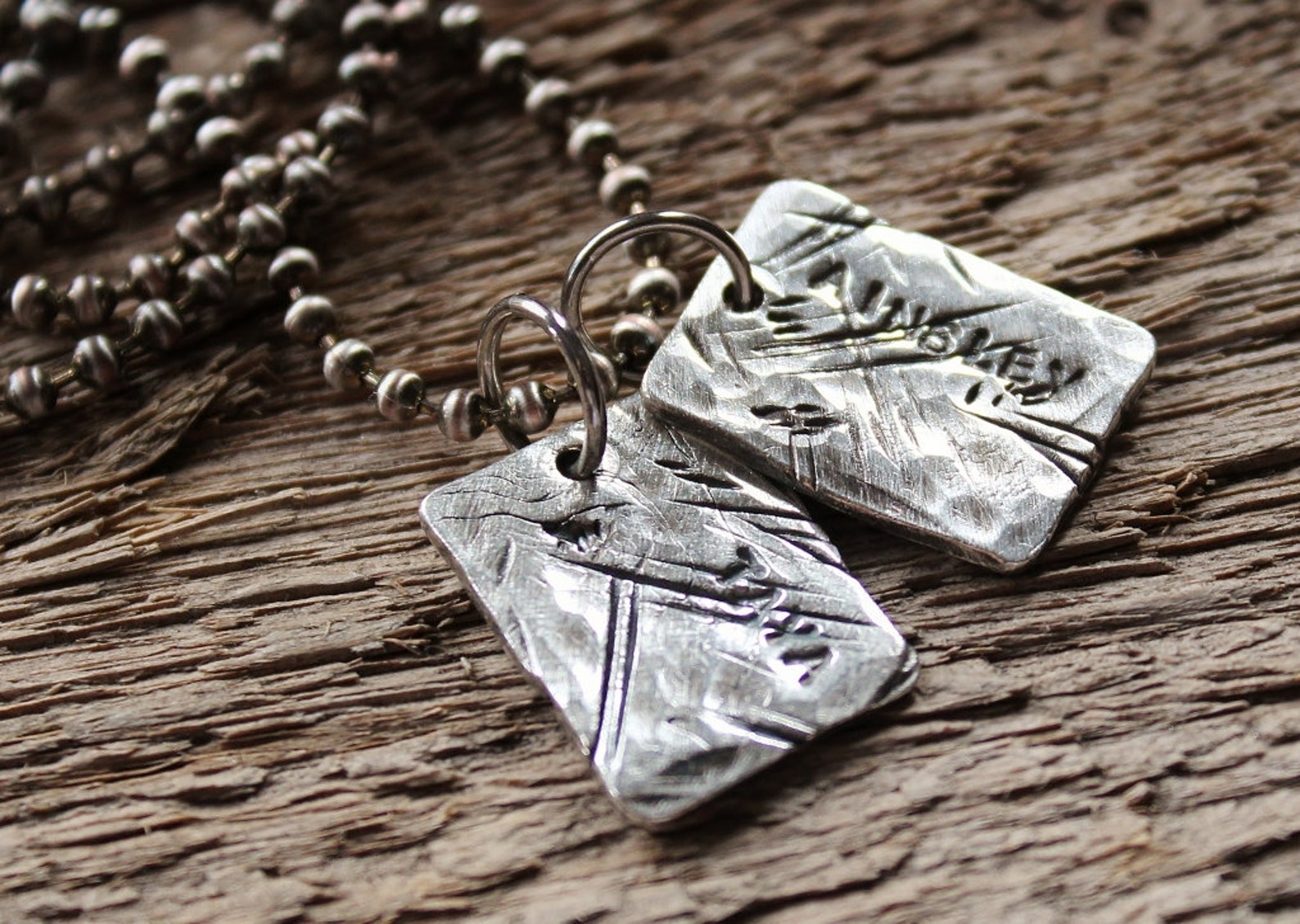 Personalized Mens Fine Silver Necklace Trashed Dog Tags Rustic - Etsy