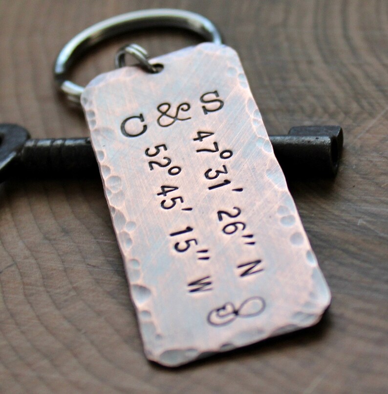 Personalized Copper Keychain Rustic Coordinates Keychain - Etsy